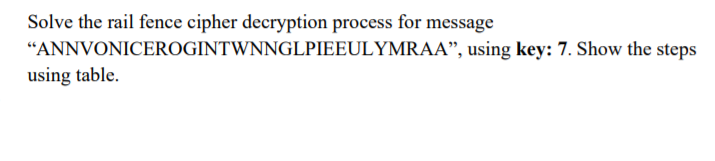 Solved Solve The Rail Fence Cipher Decryption Process For