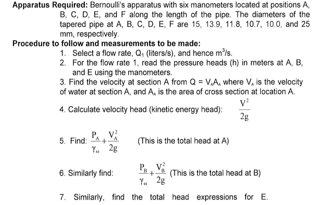 Solved Apparatus Required: Bernoulli's apparatus with six | Chegg.com