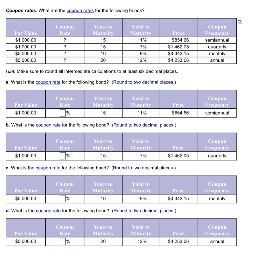 Solved Coupon rates. What are the coupon rates for the | Chegg.com