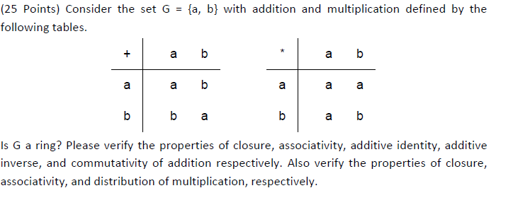 Solved (25 Points) Consider the set G={a,b} with addition | Chegg.com