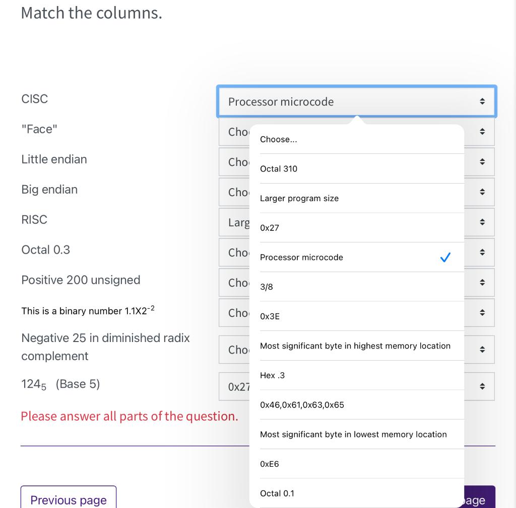 Solved Match the columns. CISC Processor microcode "Face" | Chegg.com