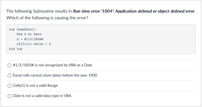 Solved The following Subroutine results in Run-time error | Chegg.com
