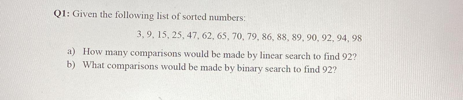 Solved Q1: Given the following list of sorted numbers: | Chegg.com