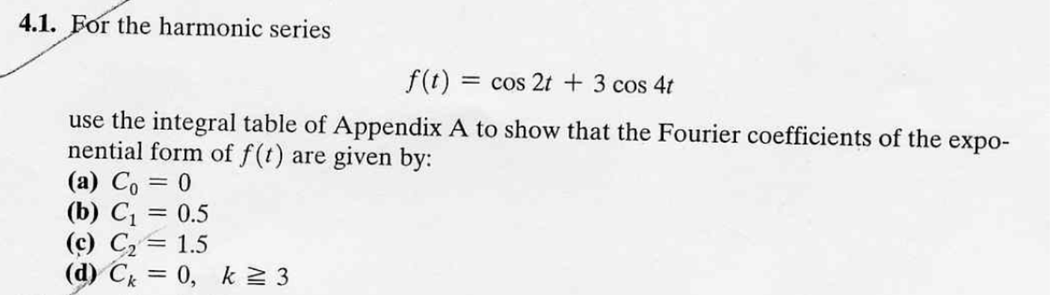 Solved 1.1. For the harmonic series f(t)=cos2t+3cos4t use | Chegg.com