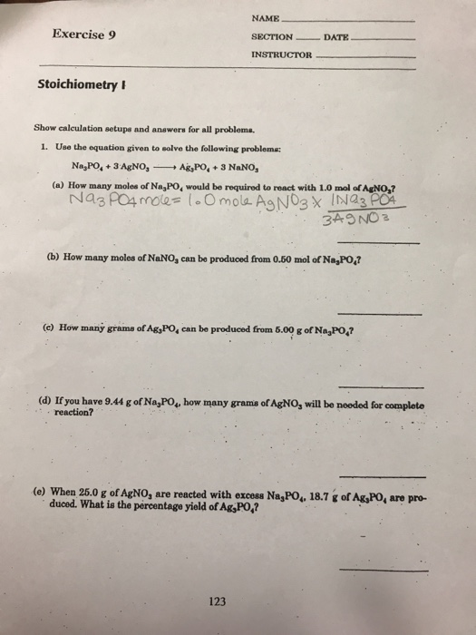 Solved NAME SECTIONDATE INSTRUCTOR Exercise 9 Stoichiometry | Chegg.com