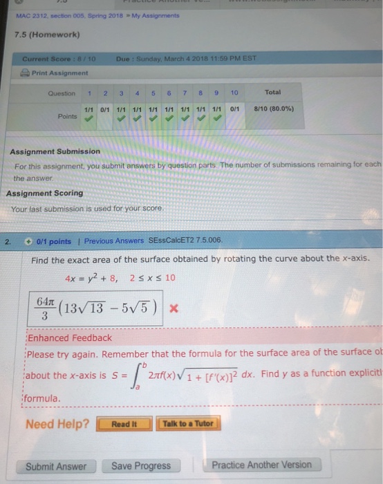Solved MAC 2312, section 005, Spring 2018My Assignments 7.5 | Chegg.com