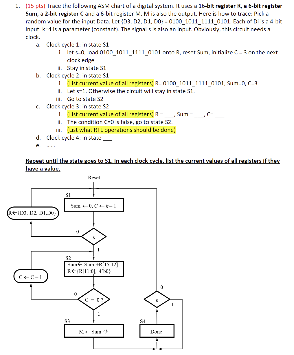 Solved 1. (15 pts) Trace the following ASM chart of a | Chegg.com Solved 1. (15 pts) Trace the following ASM chart of a | Chegg.com