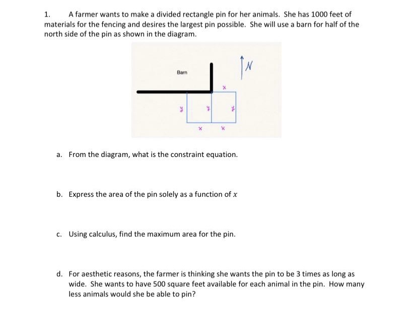 Solved 1. A farmer wants to make a divided rectangle pin for | Chegg.com