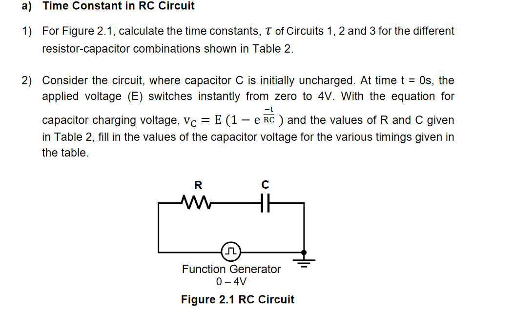 Solved a) Time Constant in RC Circuit 1) For Figure 2.1, | Chegg.com
