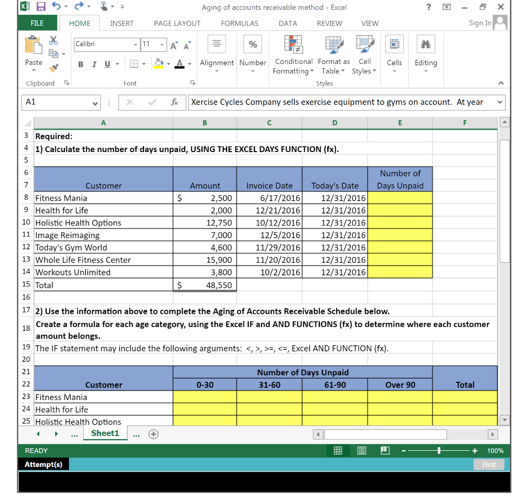 Solved x Aging of accounts receivable method - Excel ? x | Chegg.com