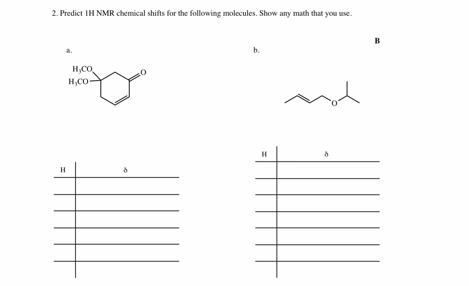 Solved 2. Predict 1H NMR chemical shifts for the following | Chegg.com
