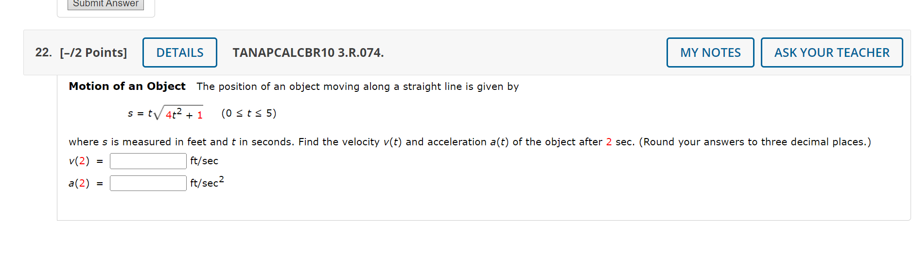 Solved Motion of an Object The position of an object moving | Chegg.com
