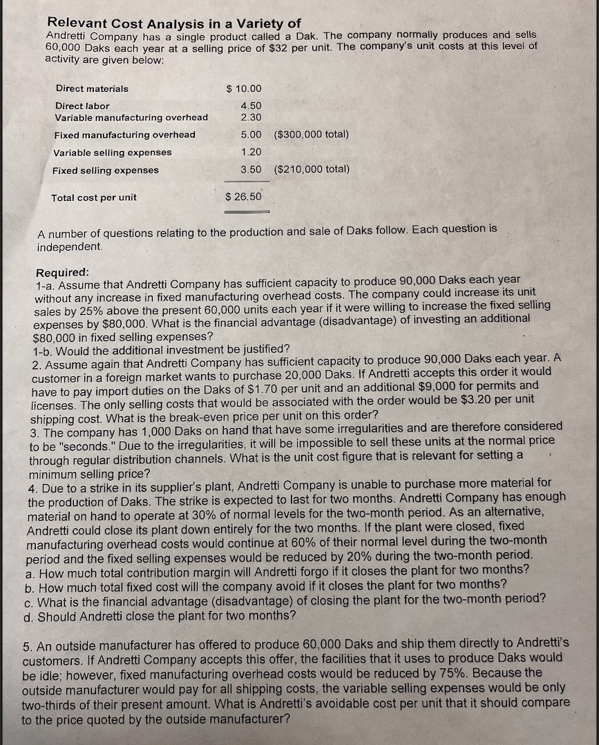 Solved Relevant Cost Analysis in a Variety of Andretti | Chegg.com