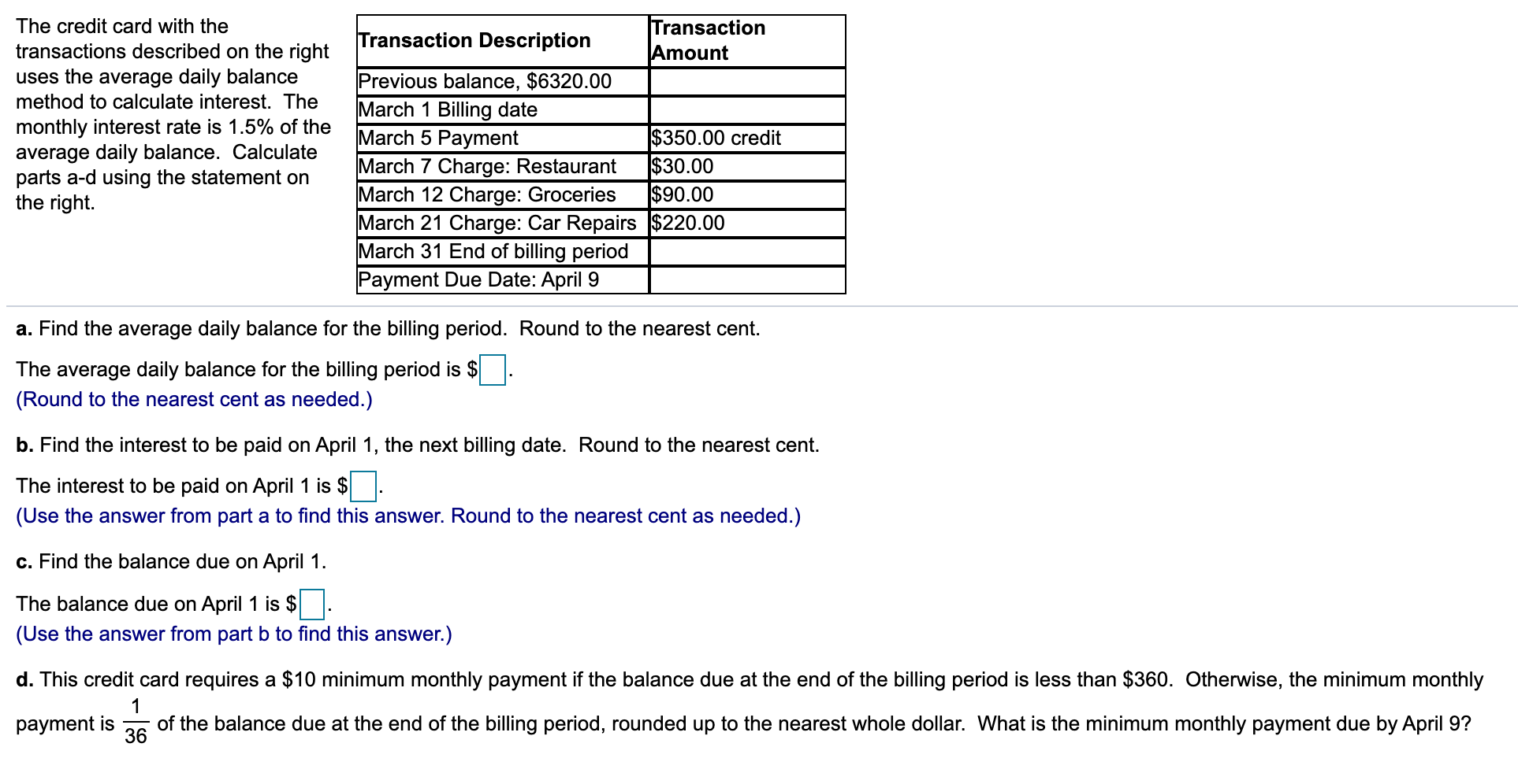 Solved The credit card with the transactions described on | Chegg.com