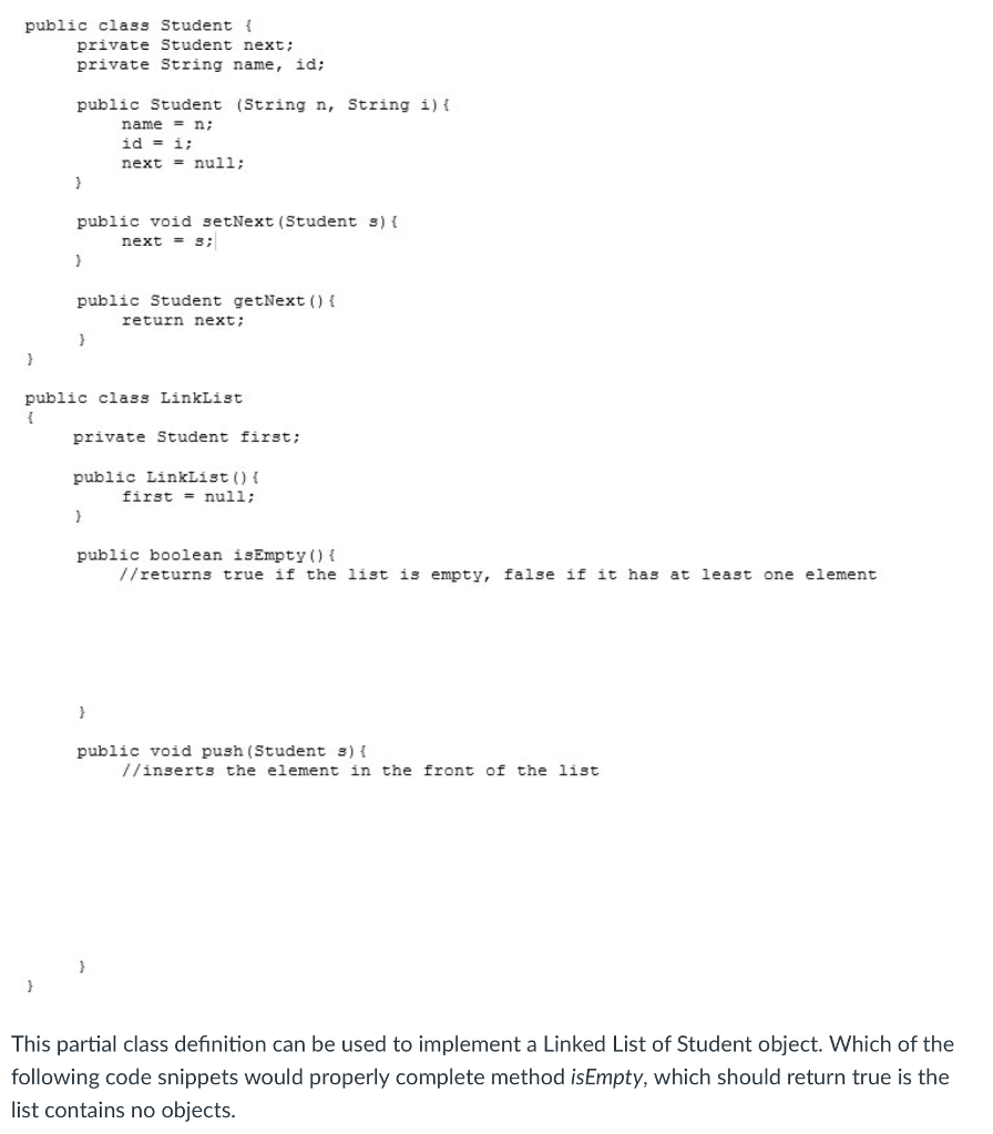 Solved public class Student private Student next; private | Chegg.com