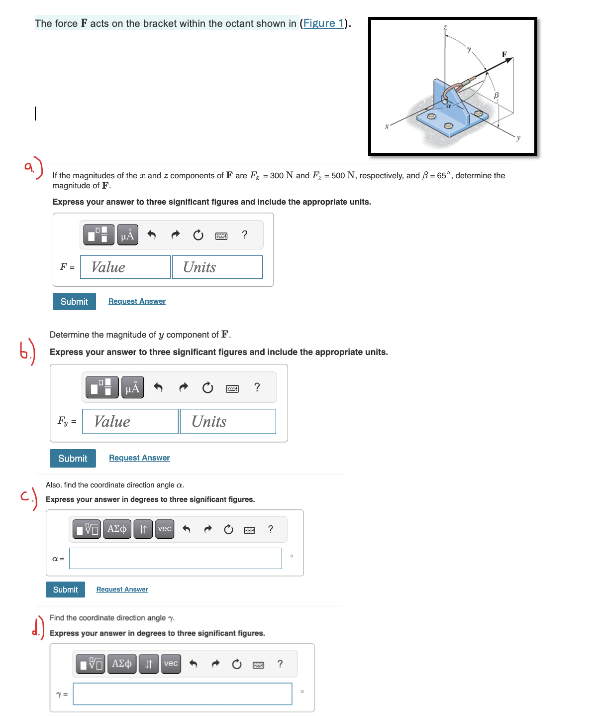 Solved The force F ﻿acts on the bracket within the octant | Chegg.com