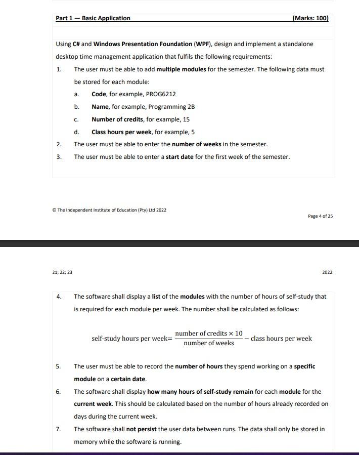 Solved Part 1 - Basic Application (Marks: 100) Using C\# and | Chegg.com