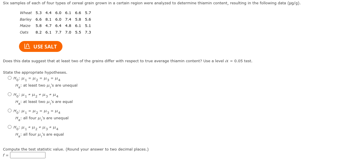 Solved Six samples of each of four types of cereal grain | Chegg.com