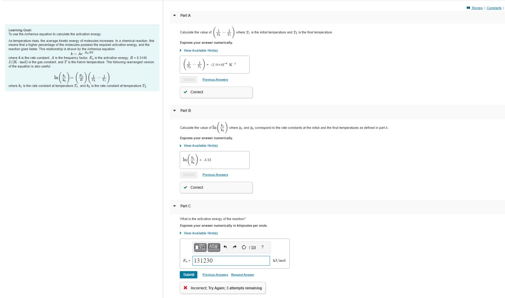 Solved Learning Goal: To use the Arrhenius equation to | Chegg.com