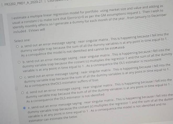 FR2202_PRD1 A 2020-21 1 estimate a multiple linear | Chegg.com