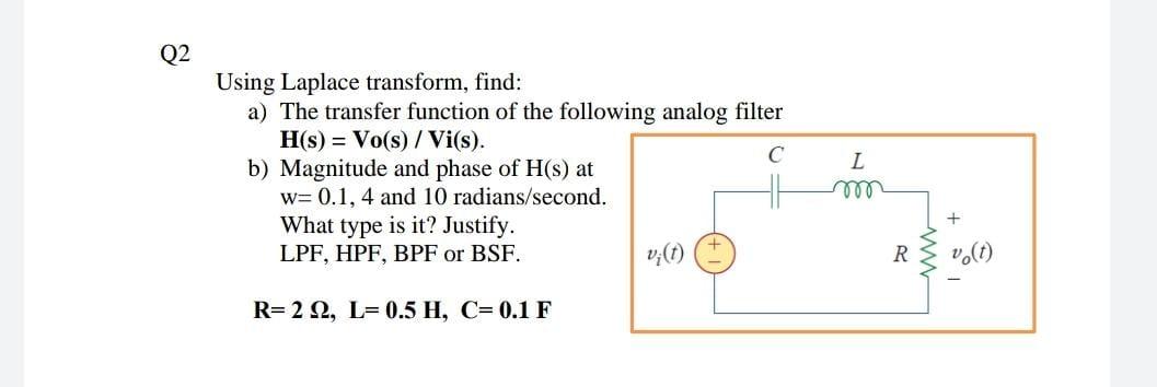 Solved Q2 Using Laplace transform, find: a) The transfer | Chegg.com
