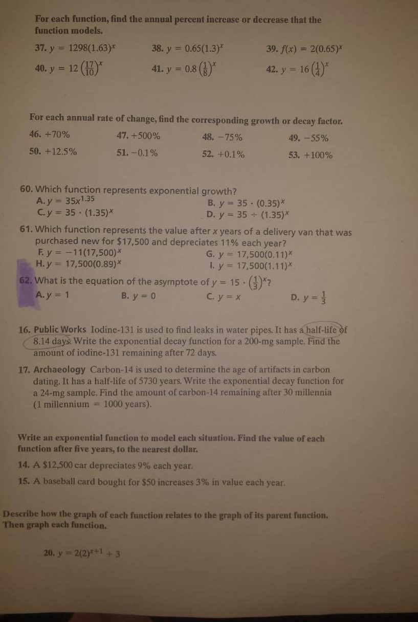 Solved For each function, find the annual percent increase | Chegg.com