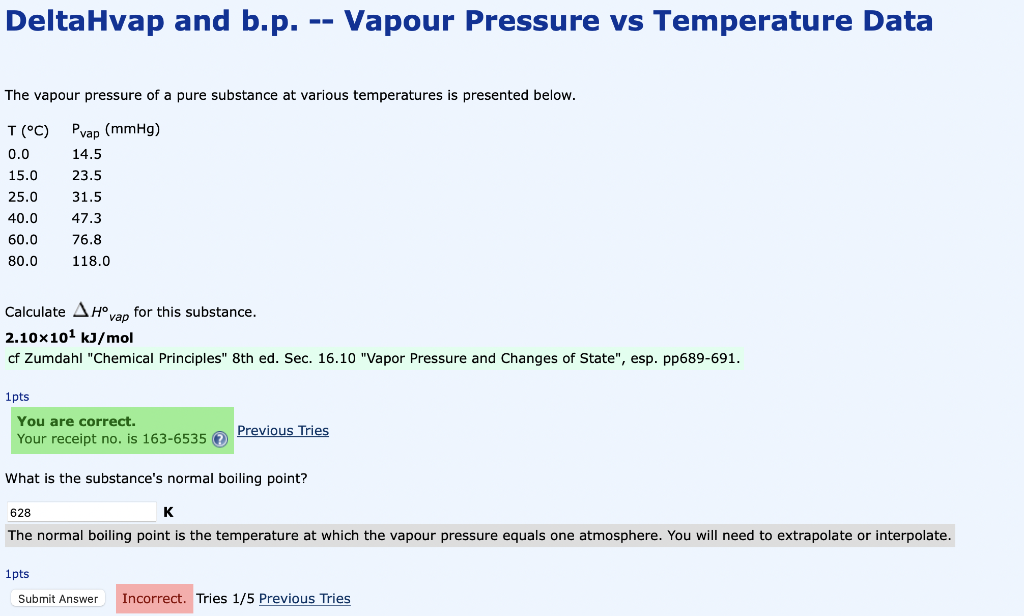 Solved DeltaHvap and b.p. -- Vapour Pressure vs Temperature | Chegg.com