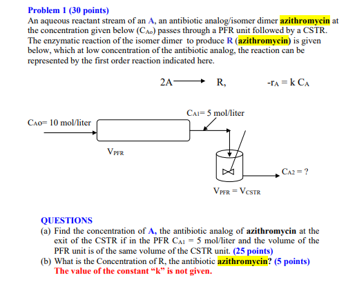 Solved Problem 1 (30 points) An aqueous reactant stream of | Chegg.com