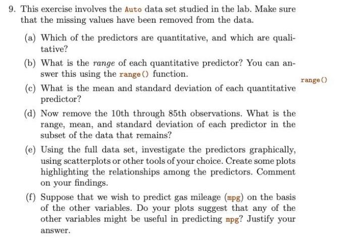 Solved range 9. This exercise involves the Auto data set | Chegg.com