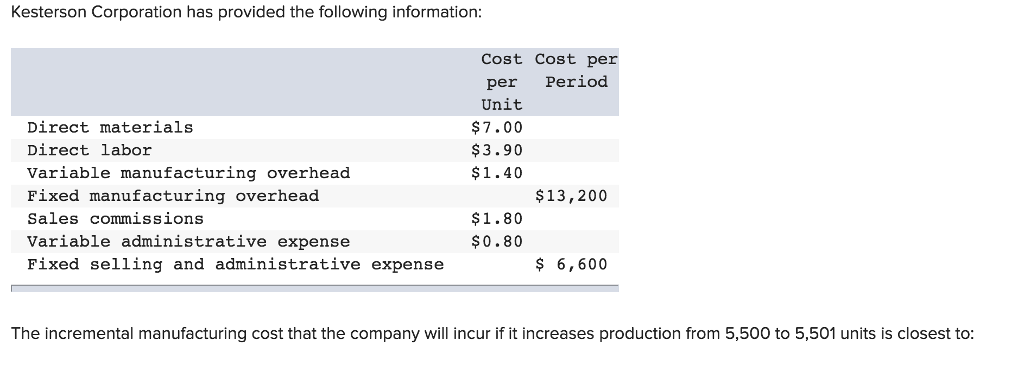 Solved Kesterson Corporation has provided the following | Chegg.com