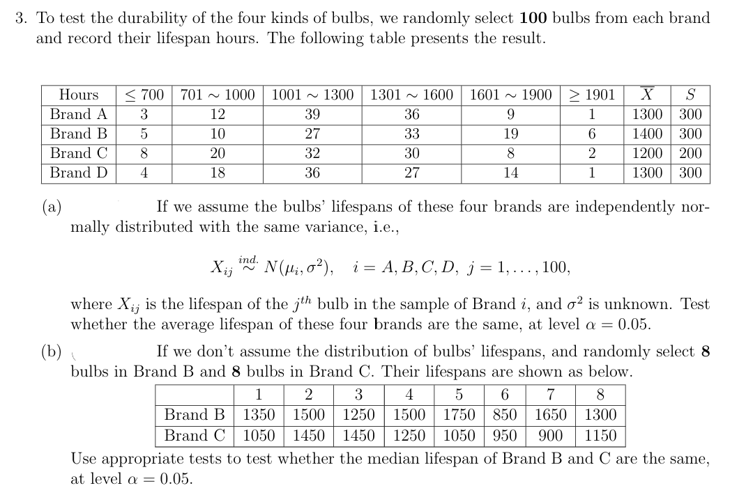 Solved To test the durability of the four kinds of bulbs, we | Chegg.com