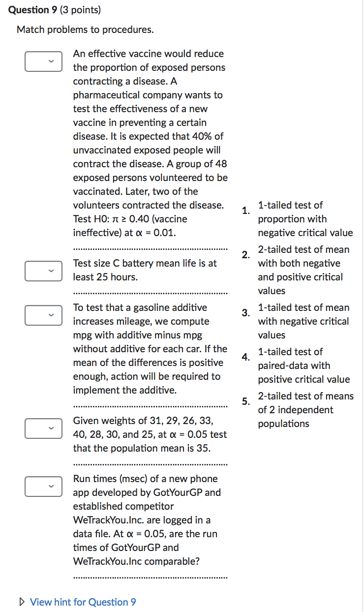 Solved Question 9 (3 ﻿points)Match problems to procedures.An | Chegg.com