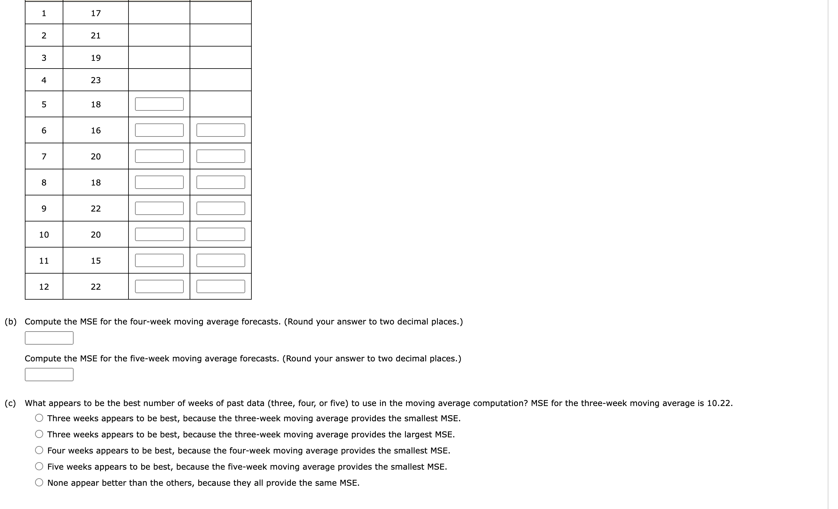 Solved a) Compute four-week and five-week moving averages | Chegg.com