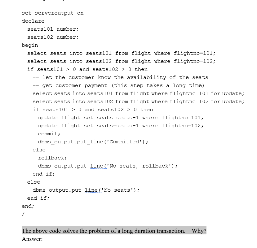 Solved set serveroutput on declare seats101 number; seats102 | Chegg.com