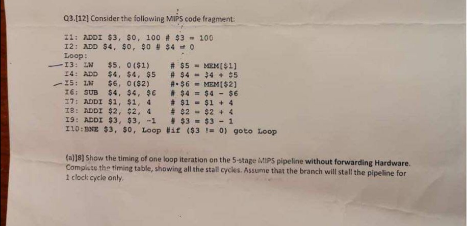 Solved Q3.[12] Consider the following MIPS code fragment: I: | Chegg.com