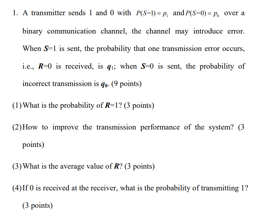 Solved 1. A transmitter sends 1 and 0 with P(S=1)=p1 and | Chegg.com