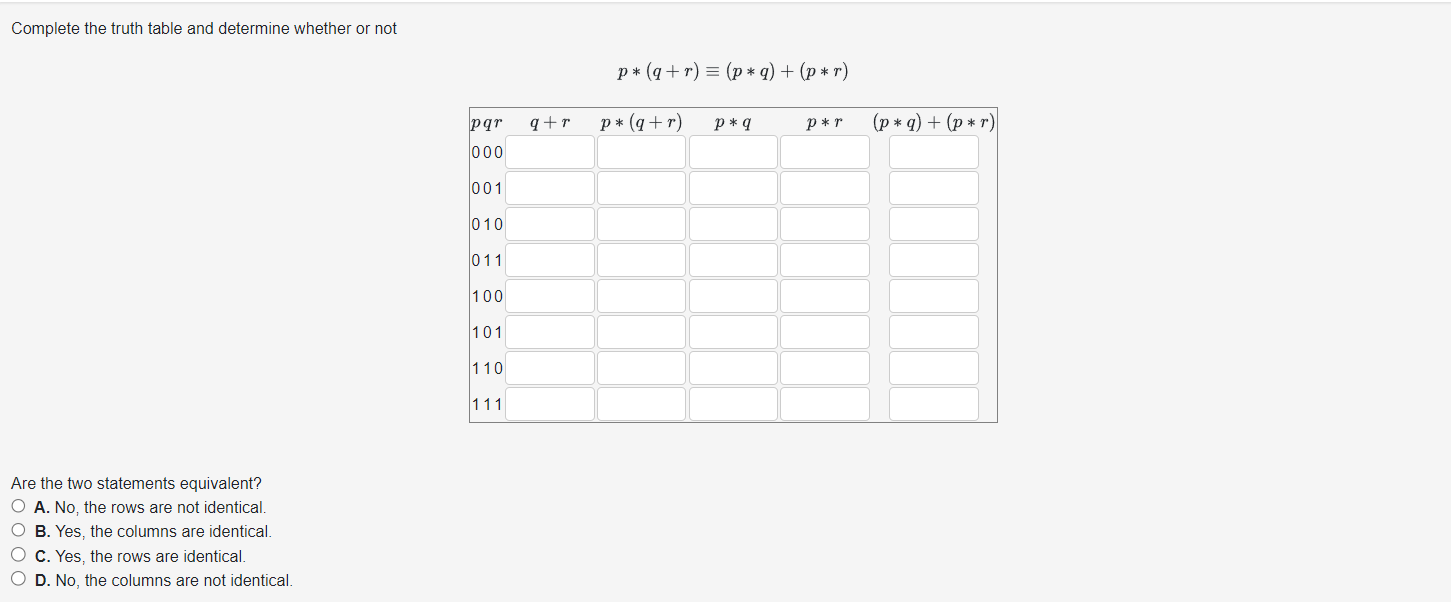 Solved Complete the truth table and determine whether or | Chegg.com
