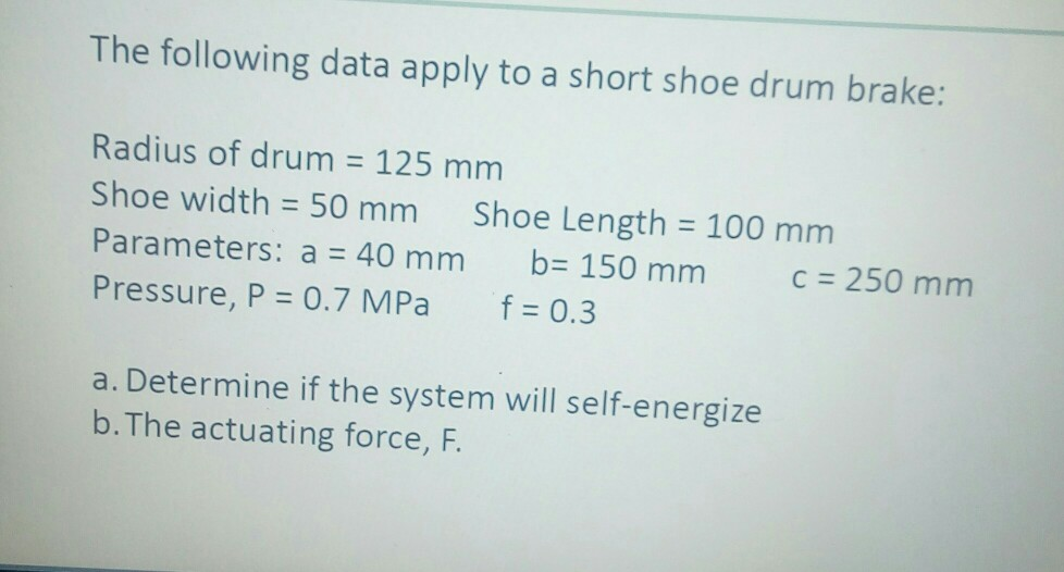 Solved The following data apply to a short shoe drum brake: | Chegg.com