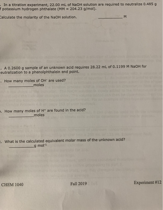 Solved In a titration experiment, 22.00 mL of NaOH solution | Chegg.com