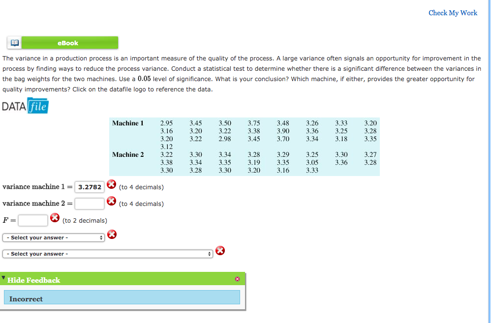 Solved Check My Work eBook The variance in a production | Chegg.com