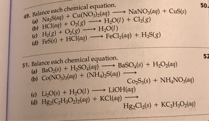 Solved 49. Balance each chemical equation. 50. Na2S(aq) + | Chegg.com