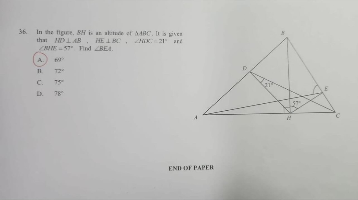 Solved 36. In the figure, BH is an altitude of ABC. It is | Chegg.com