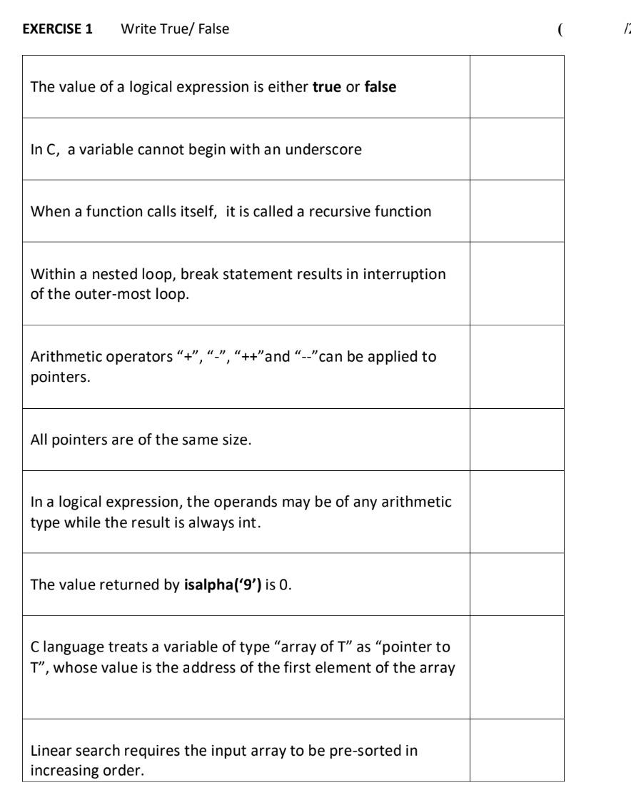 Solved EXERCISE 1 Write True/ False The value of a logical | Chegg.com