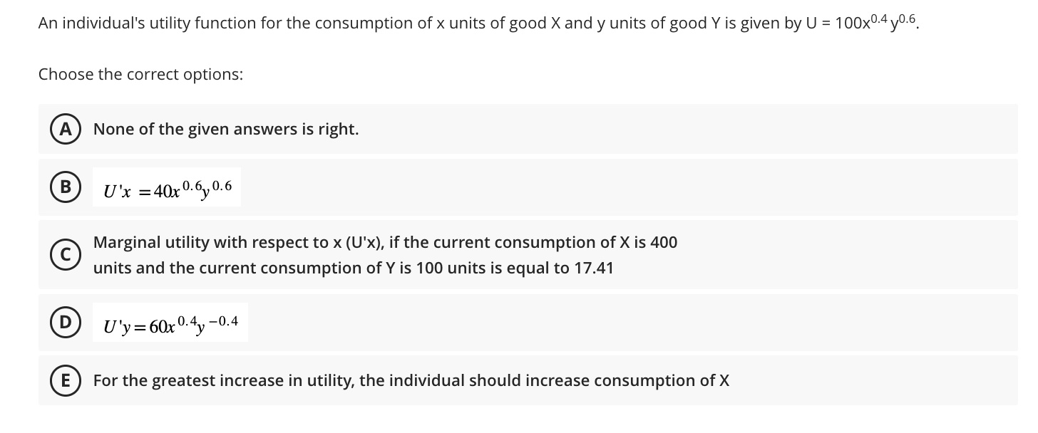 Solved An individual's utility function for the consumption | Chegg.com