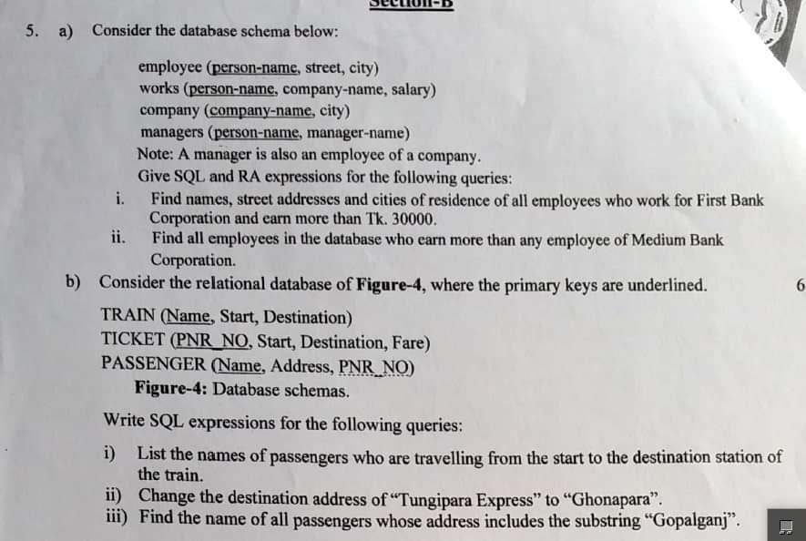 Solved 5. a) Consider the database schema below: 6 employee | Chegg.com