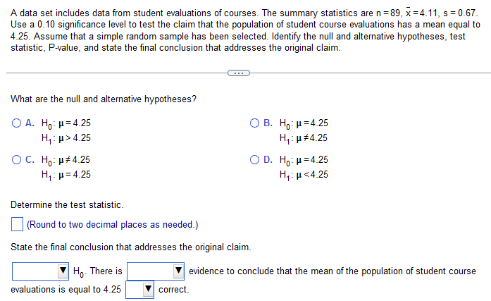 Solved A data set includes data from student evaluations of | Chegg.com