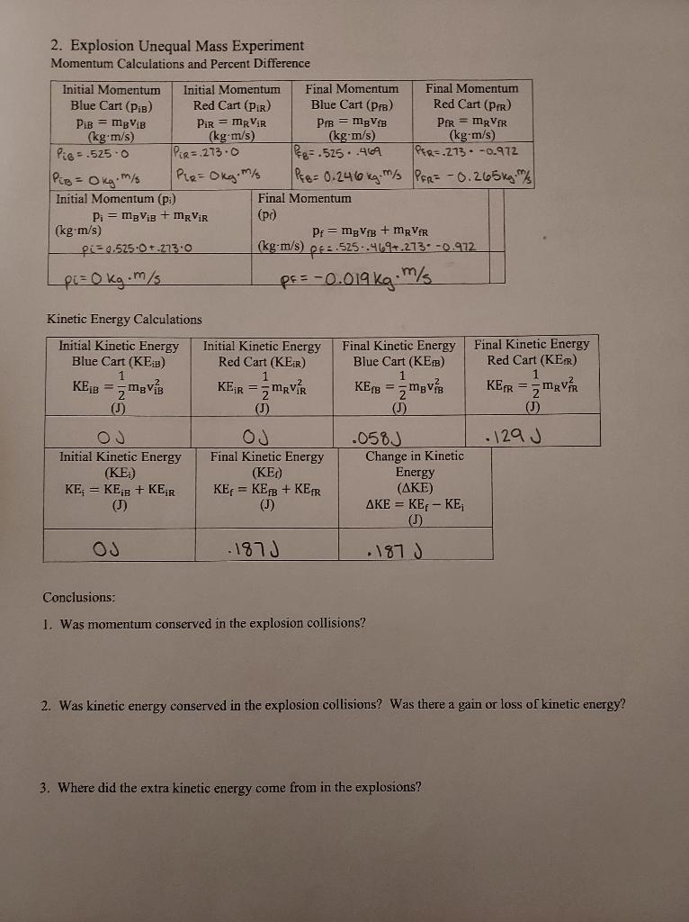 Solved 2. Explosion Unequal Mass Experiment Momentum | Chegg.com