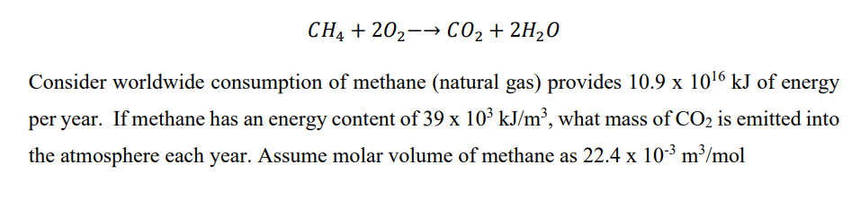Solved CH4+2O2→CO2+2H2O Consider worldwide consumption of | Chegg.com