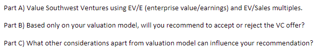 Solved Southwest Ventures: Valuation Using Multiples | Chegg.com