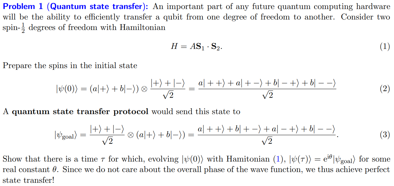 Solved Problem 1 (Quantum state transfer): An important part | Chegg.com